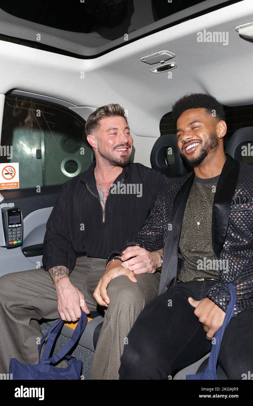 Duncan James and his partner Rodrigo Reis depart the annual TV Choice Awards at Hilton Hotel in ...