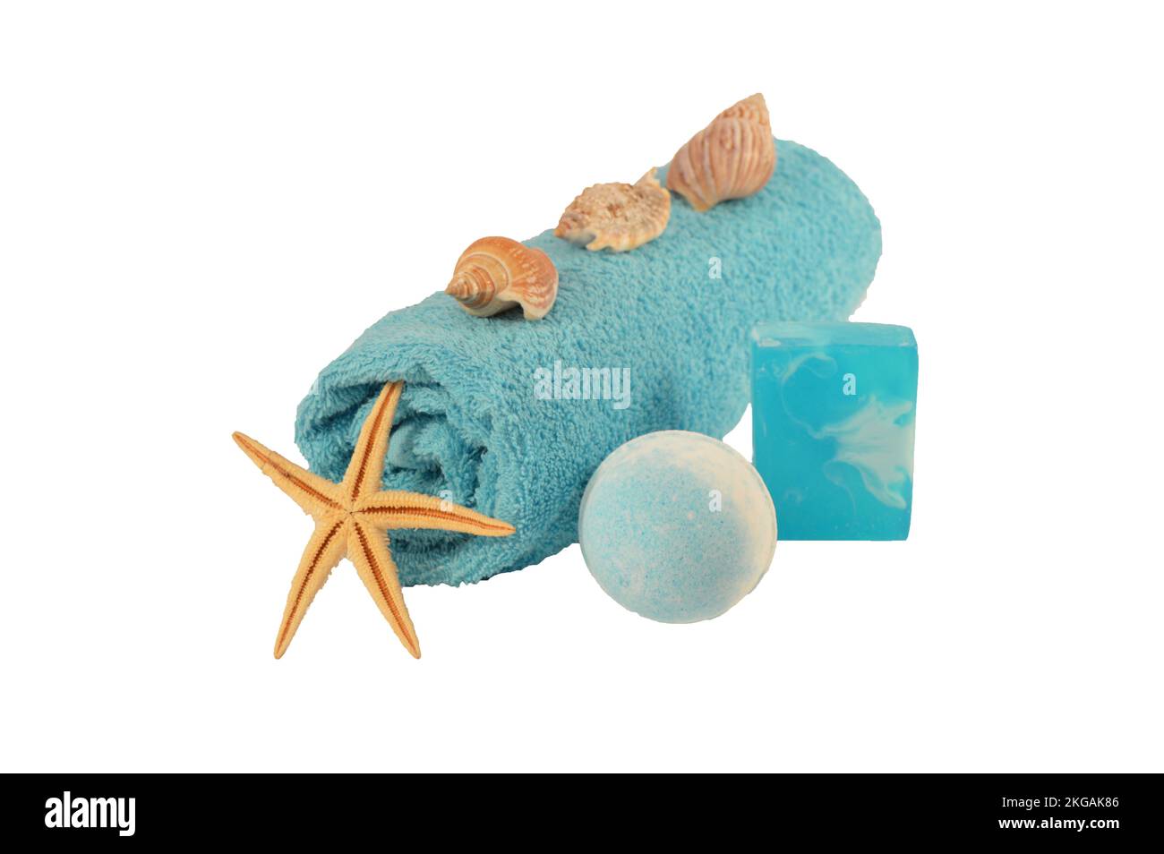 sea salt Spa soap, folded blue towel and star isolated on white ...