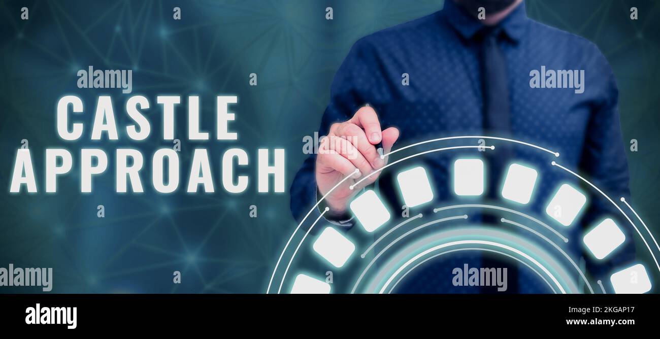 Sign displaying Castle Approach. Concept meaning Fortified place built by nobles Home for ...