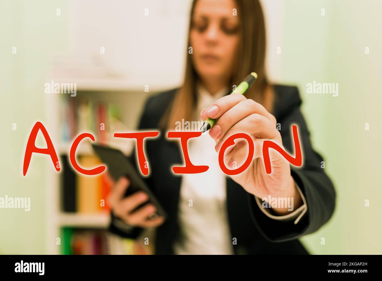 Writing displaying text Action, Business idea fact or process doing ...