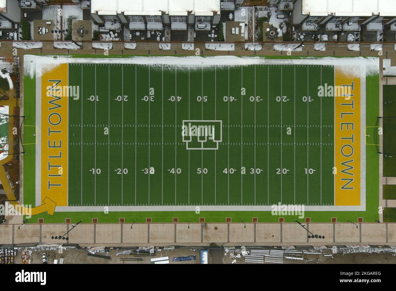 A general overall aerial view of the football field at Titletown Park ...