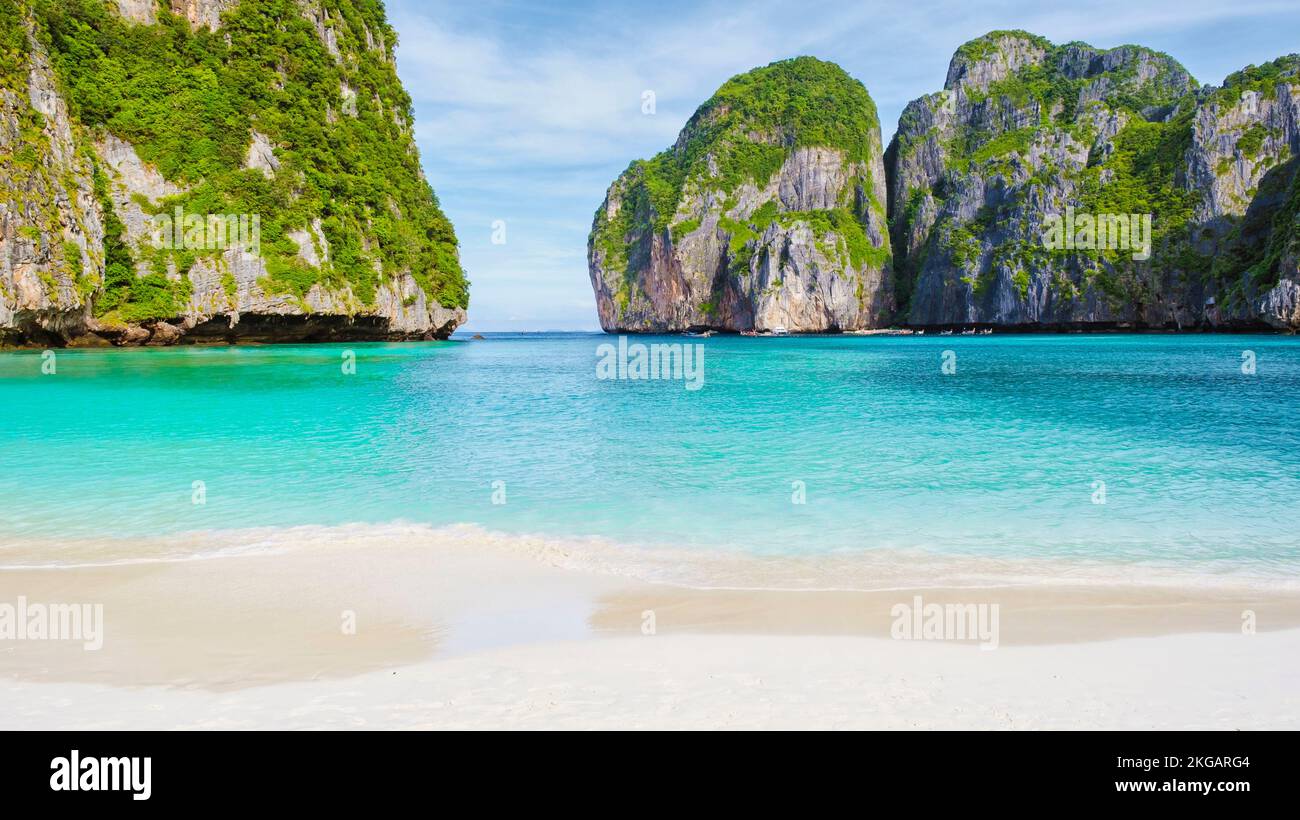 Maya Bay beach Koh Phi Phi Thailand in the morning with turqouse ...