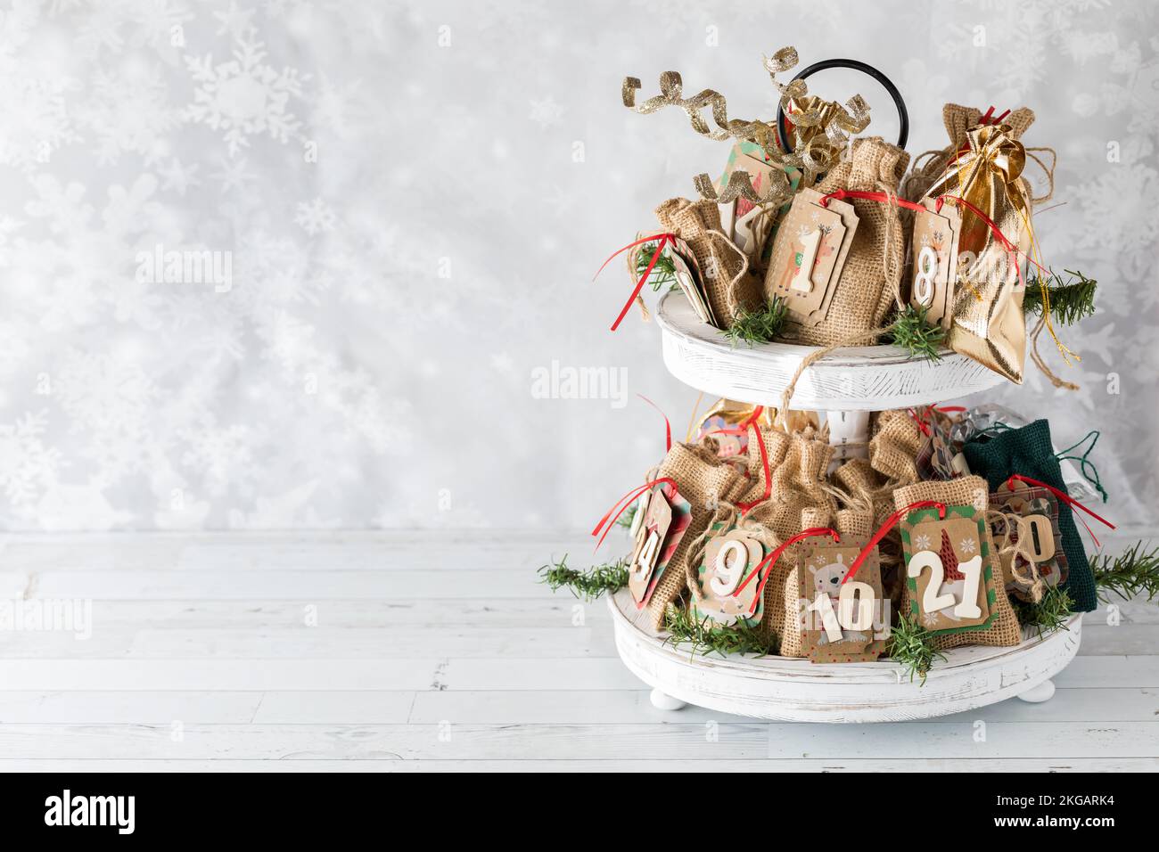 A two tiered homemade Advent calendar made for the holidays Stock Photo ...