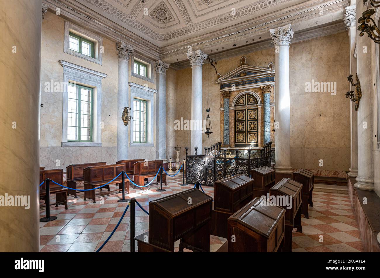 Interior view of the synagogue's prayer room decorated in the Lombard ...