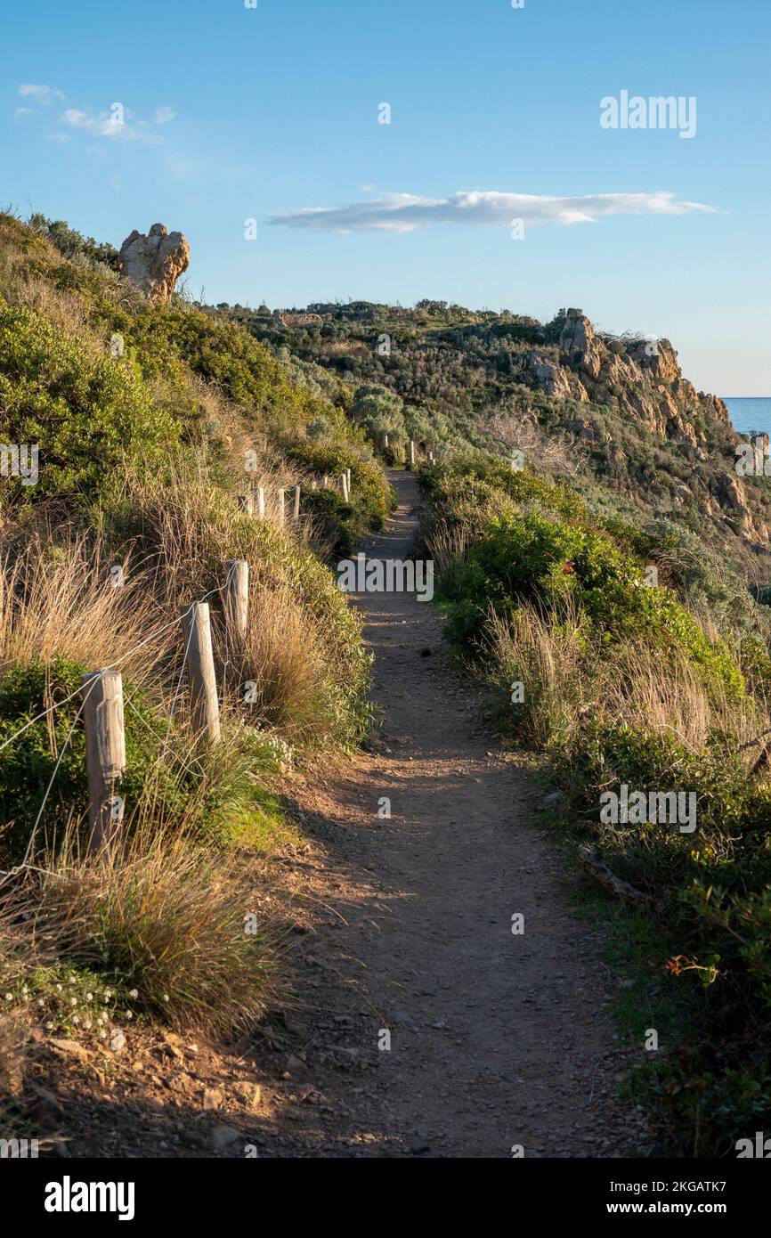 Mud path borded with wooden pillat Cape Taillat, in Ramatuelle, French ...