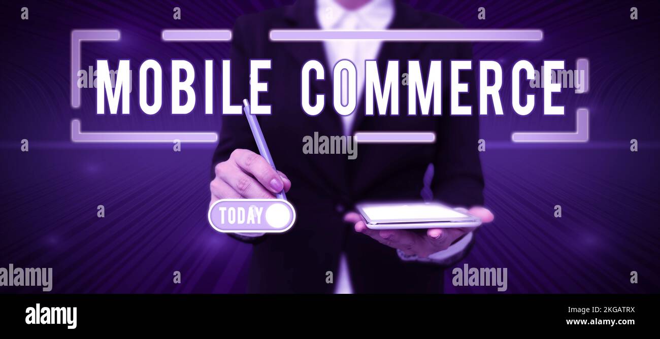 Conceptual caption Mobile Commerce. Business idea all online commercial ...