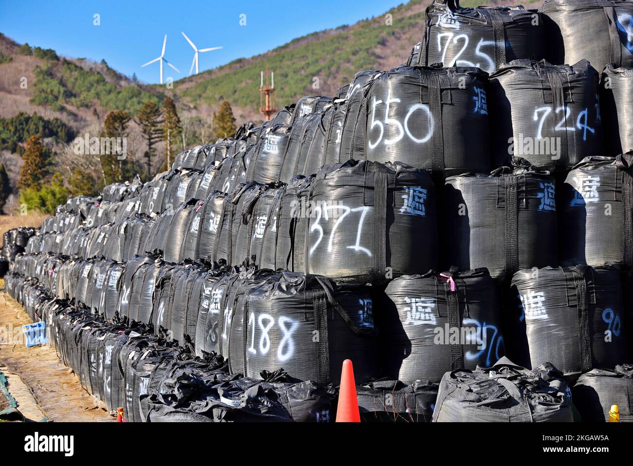 Radioactive soil, Fukushima Prefecture, Japan. Bags of soil, vegetation ...
