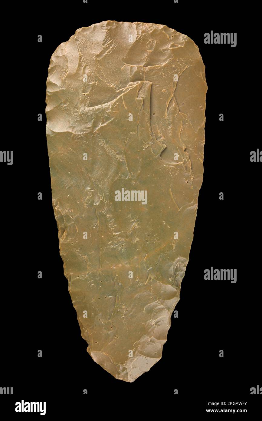 Neolithic rectangular scraper with rounded corners made in green jasper, Mali. This tool ...