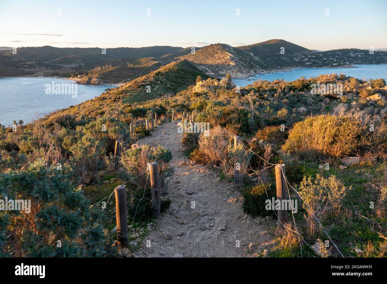Mud path borded with wooden pillat Cape Taillat, in Ramatuelle, French ...