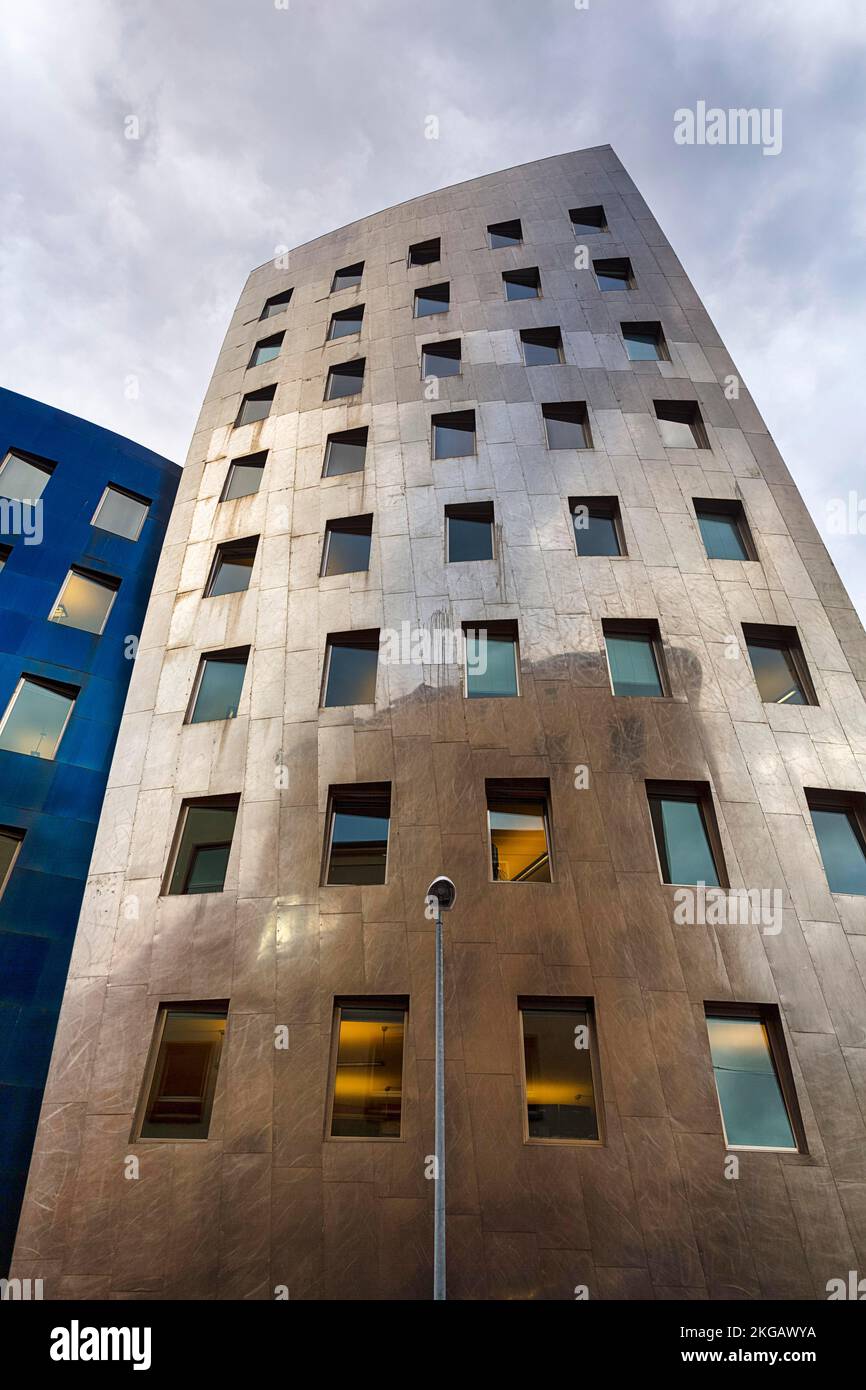 Facade with streetlight, Gehry Tower office tower, view upwards, city ...