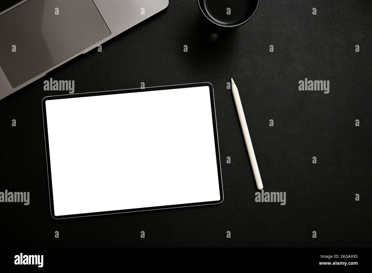 Top view, Digital tablet touchpad white screen mockup, stylus pen ...