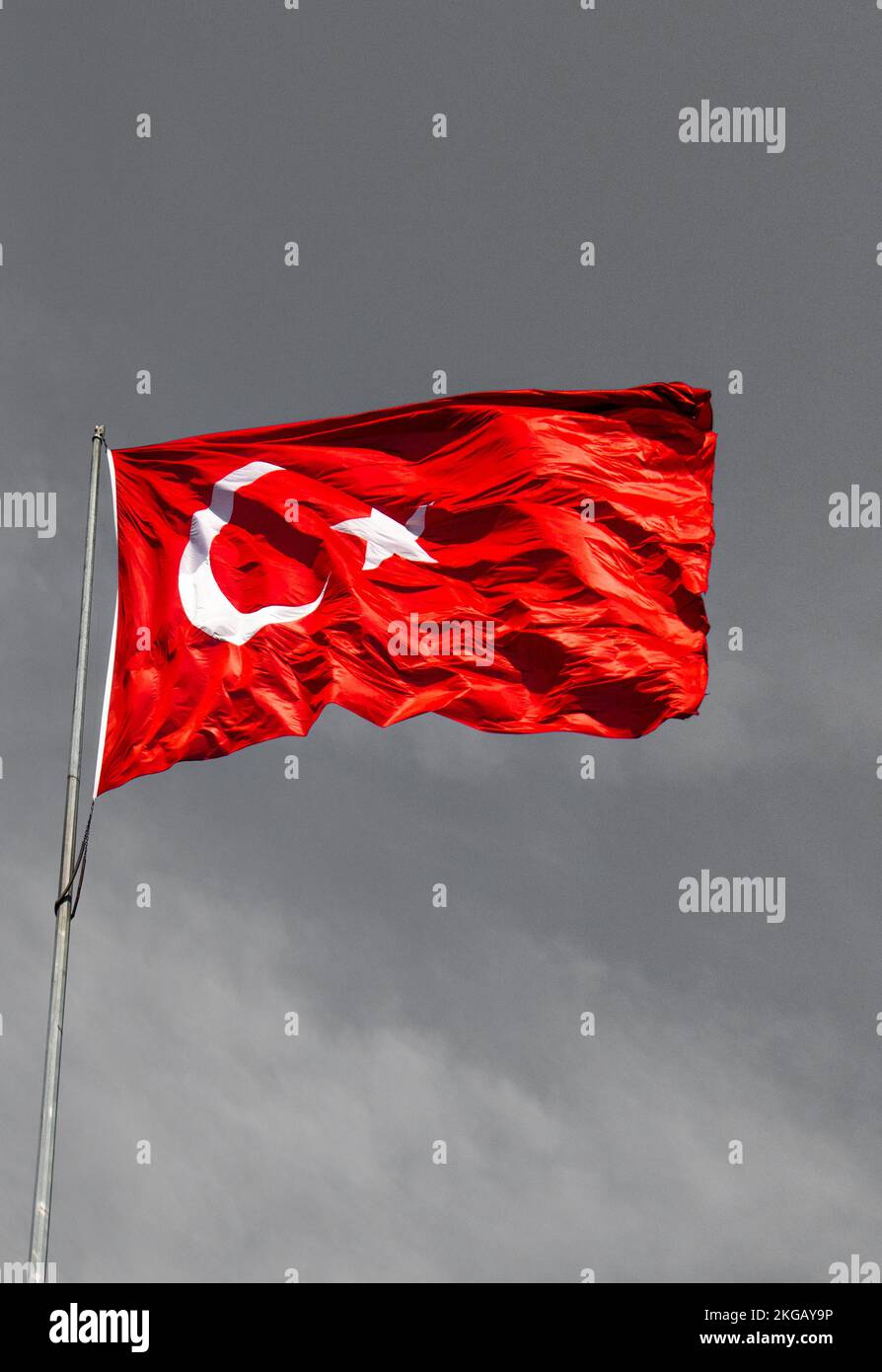 Turkish national flag hang on a pole in open air Stock Photo - Alamy