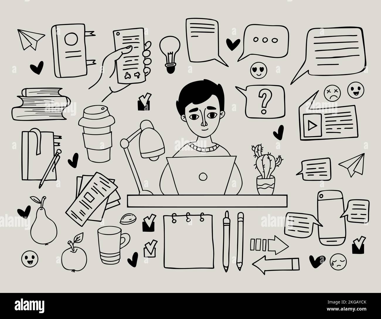 Set doodles business and work. Man at table with laptop, communication ...