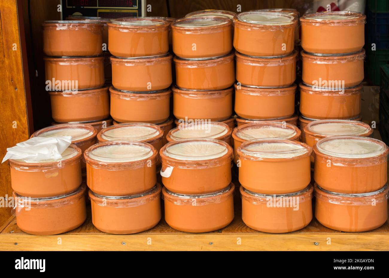 Kaymak, a creamy dairy product similar to cream, made from milk, in ...