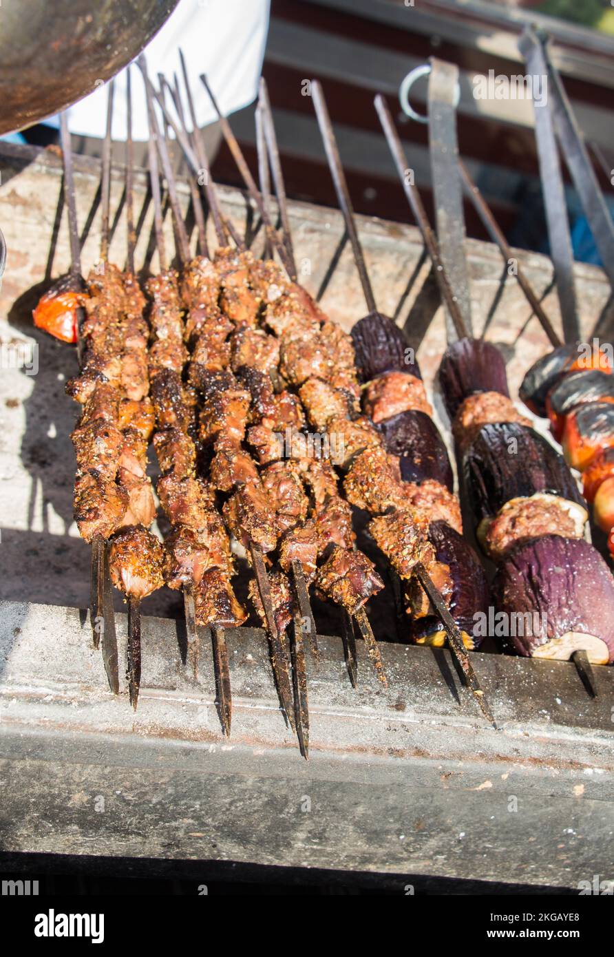Chicken shashlyk being grilled in the view Stock Photo - Alamy