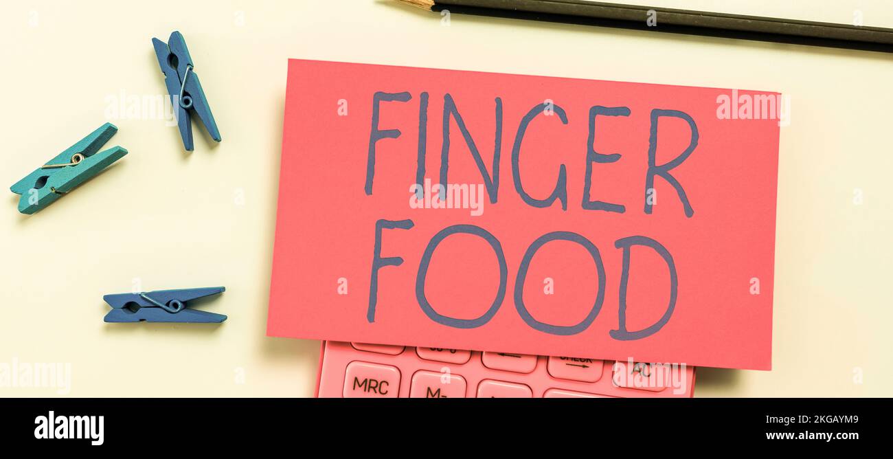 Sign displaying Finger Food. Word for products and digestives that is ...