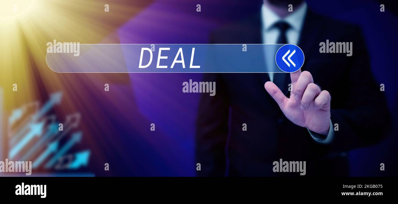 Text caption presenting Deal, Word Written on Agreement entered into by ...