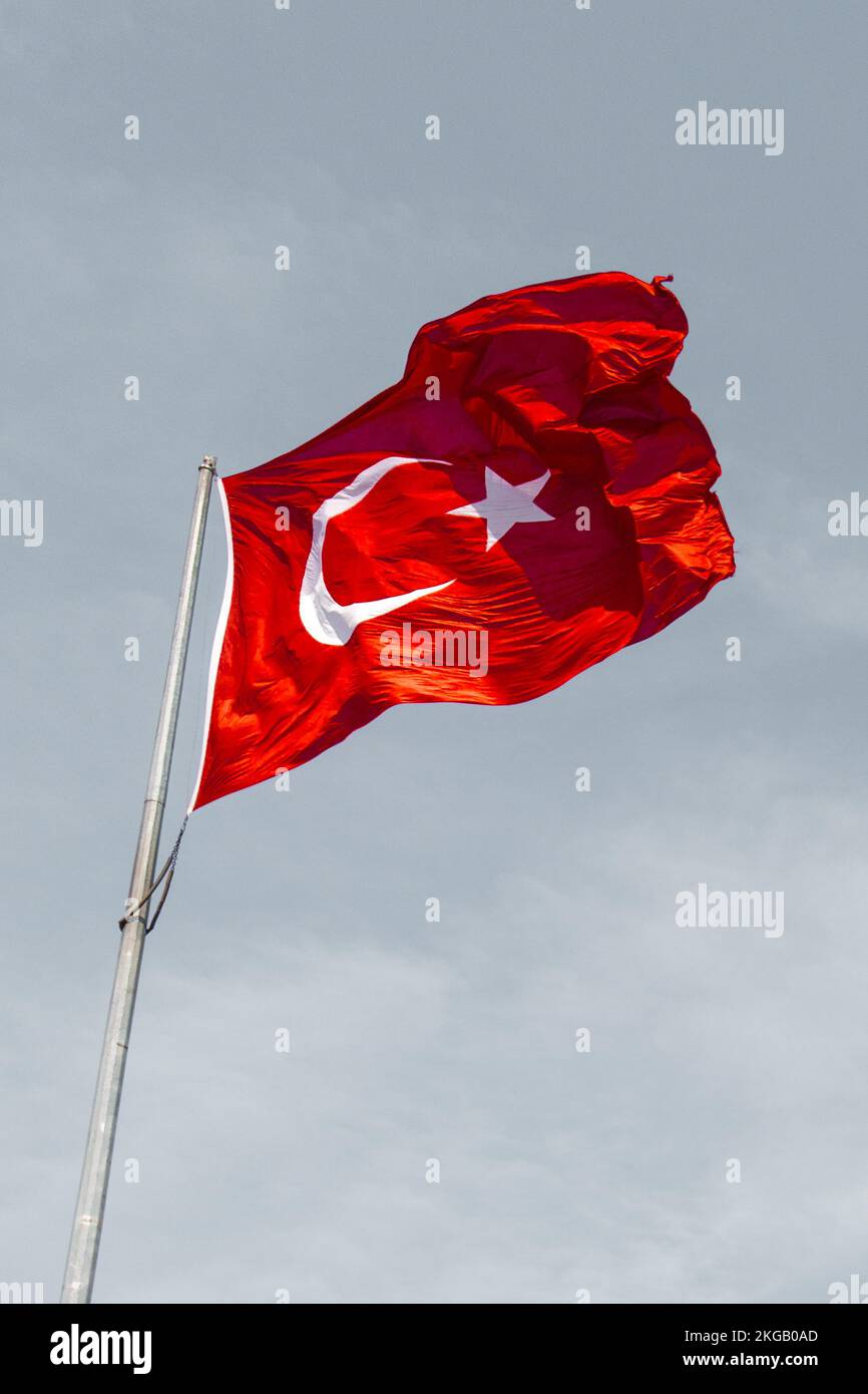 Turkish national flag hang on a pole in open air Stock Photo - Alamy