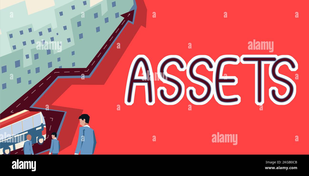 Text caption presenting Assets, Word Written on item of property owned ...