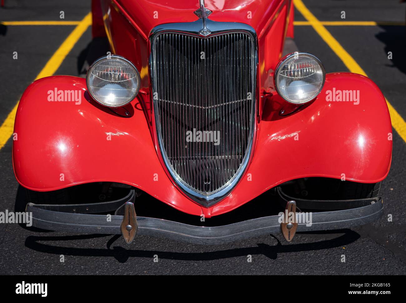 NISSWA, MN – 30 JUL 2022: Front end of red hot street rod with custom ...