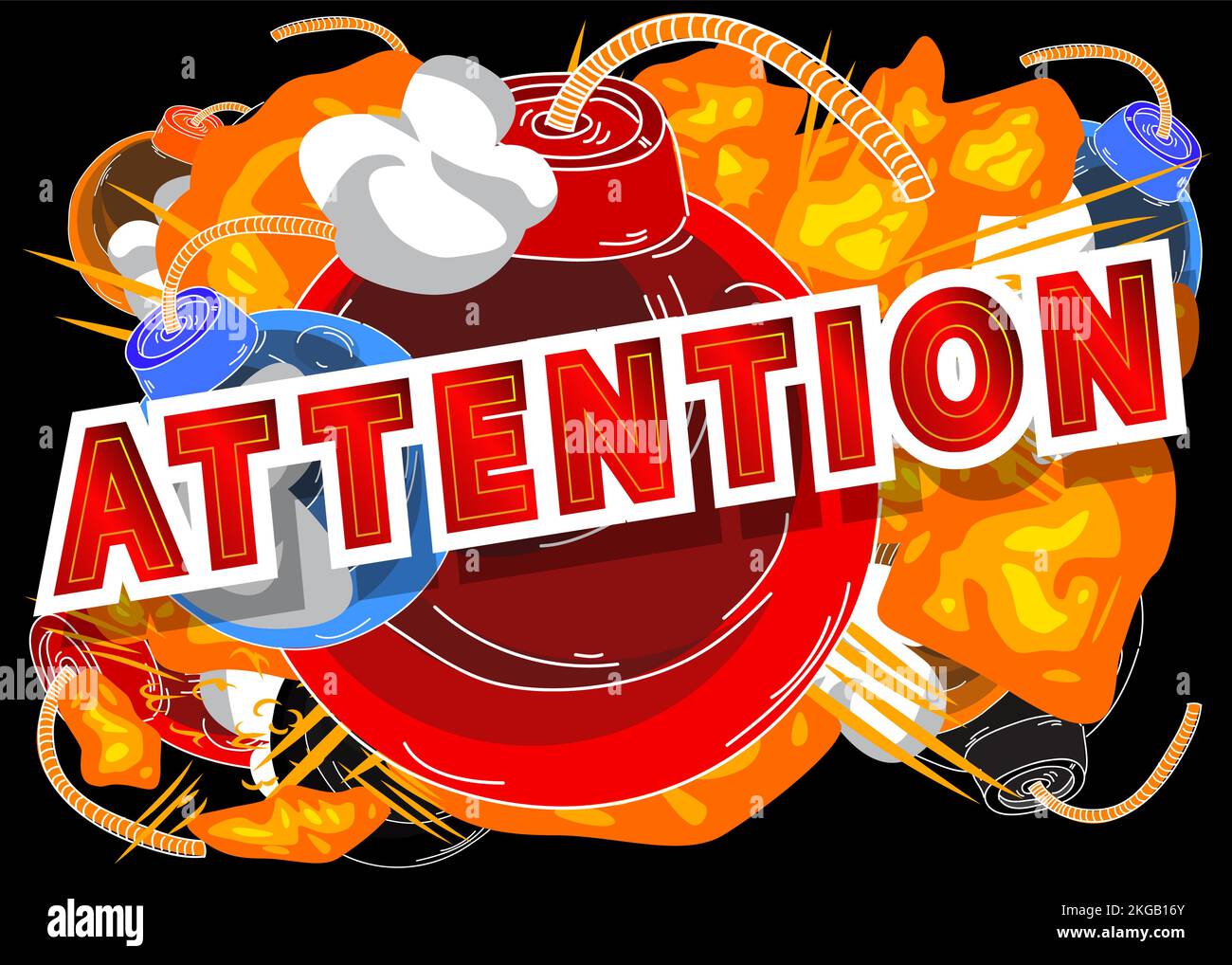 Attention text with black Bomb. Cartoon Vector Illutration Stock Vector ...