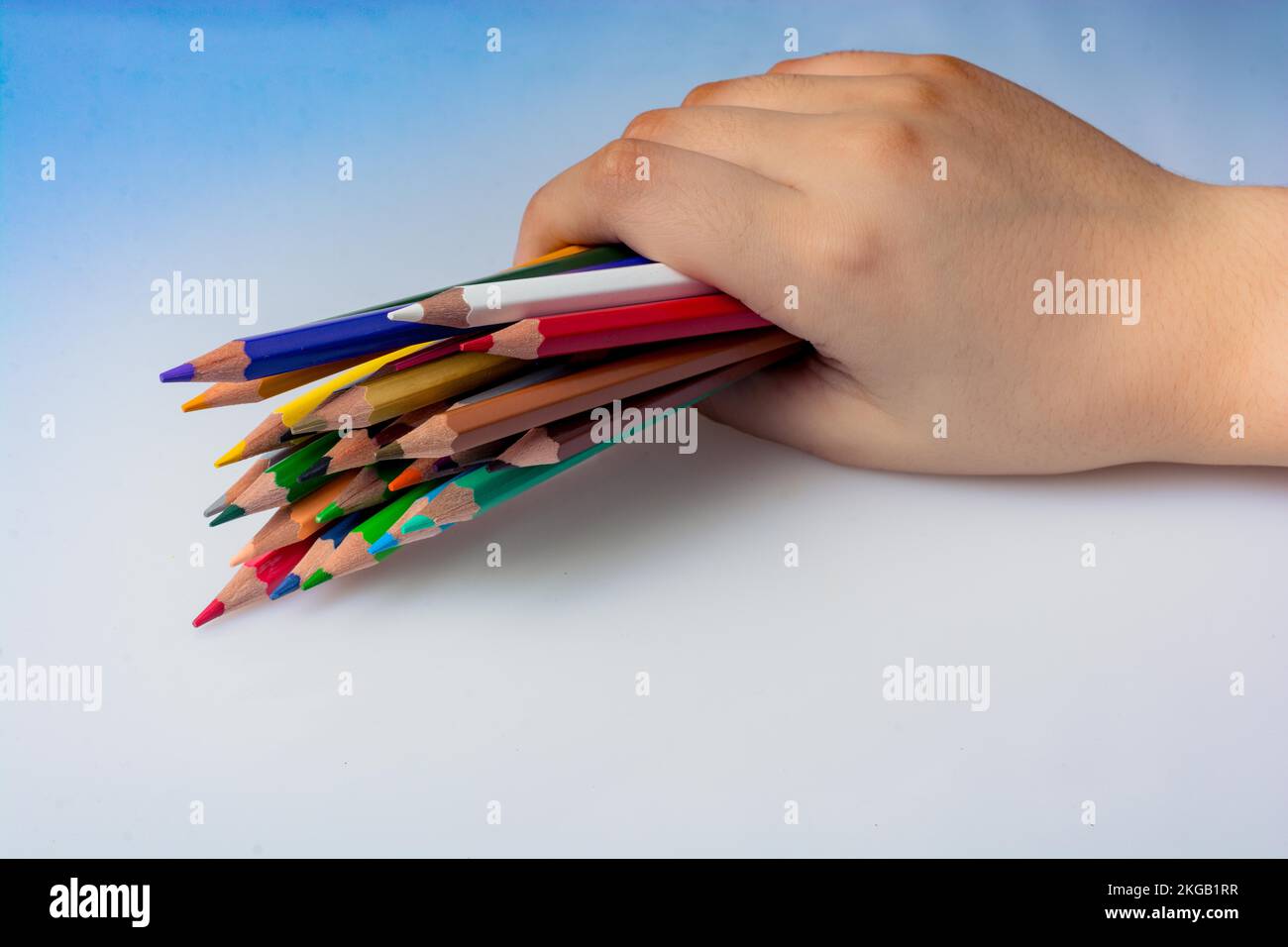 Hand holding color Pencils placed on a white background Stock Photo - Alamy