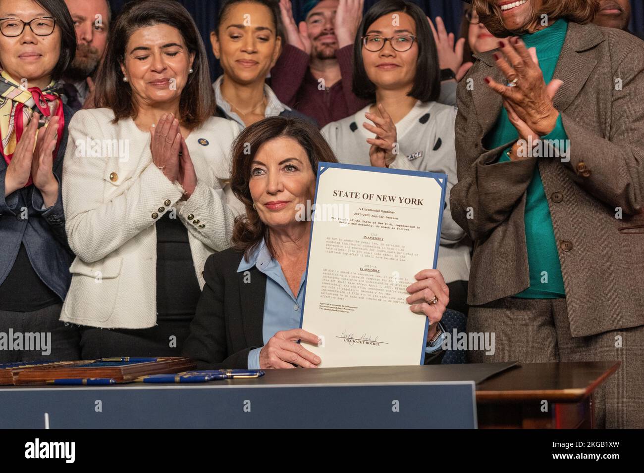 Governor Kathy Hochul shows signed bills targeting hatred and ...