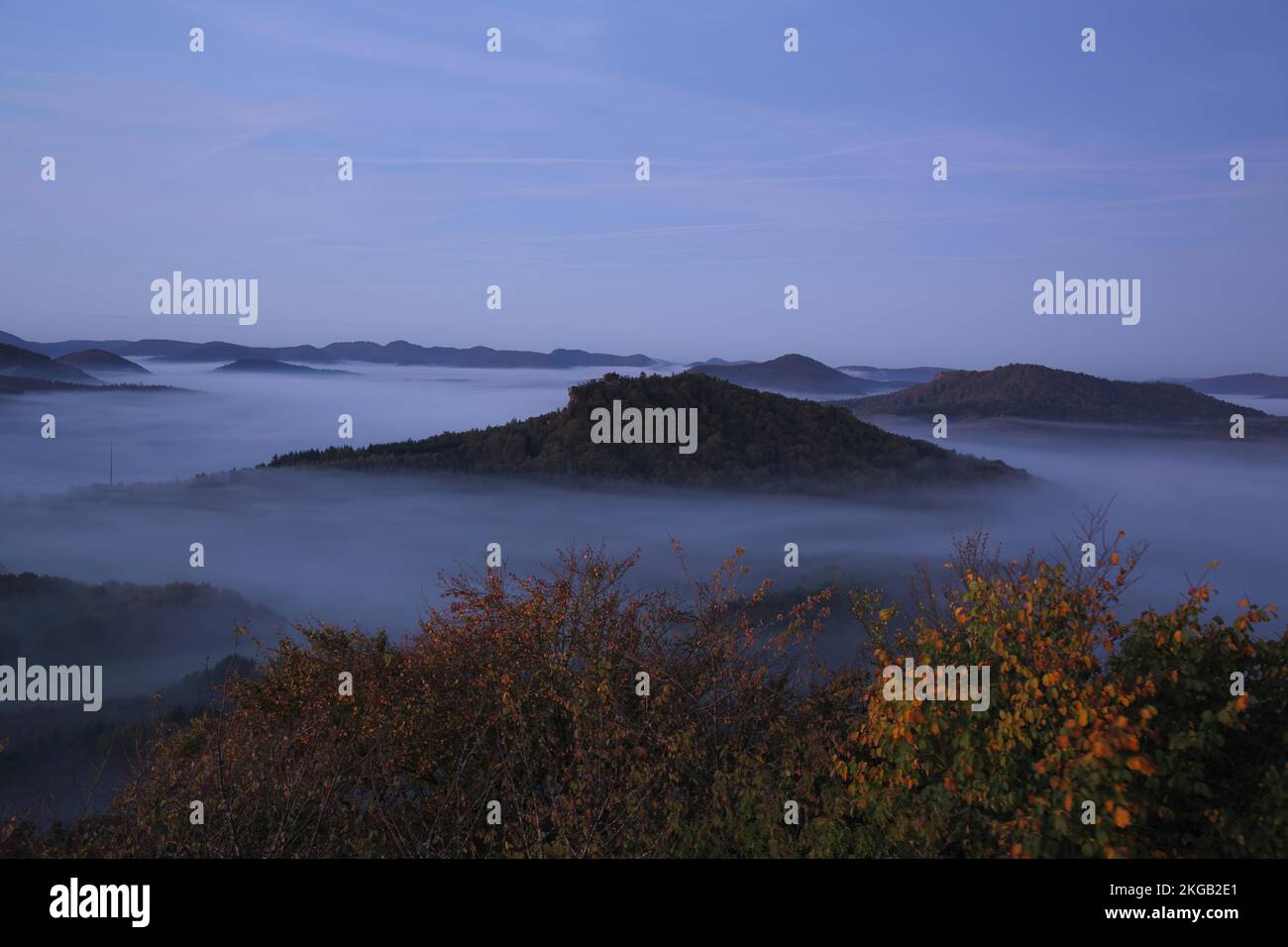 View from Lindelbrunn castle ruin, sunrise, landscape, fog, blue hour ...