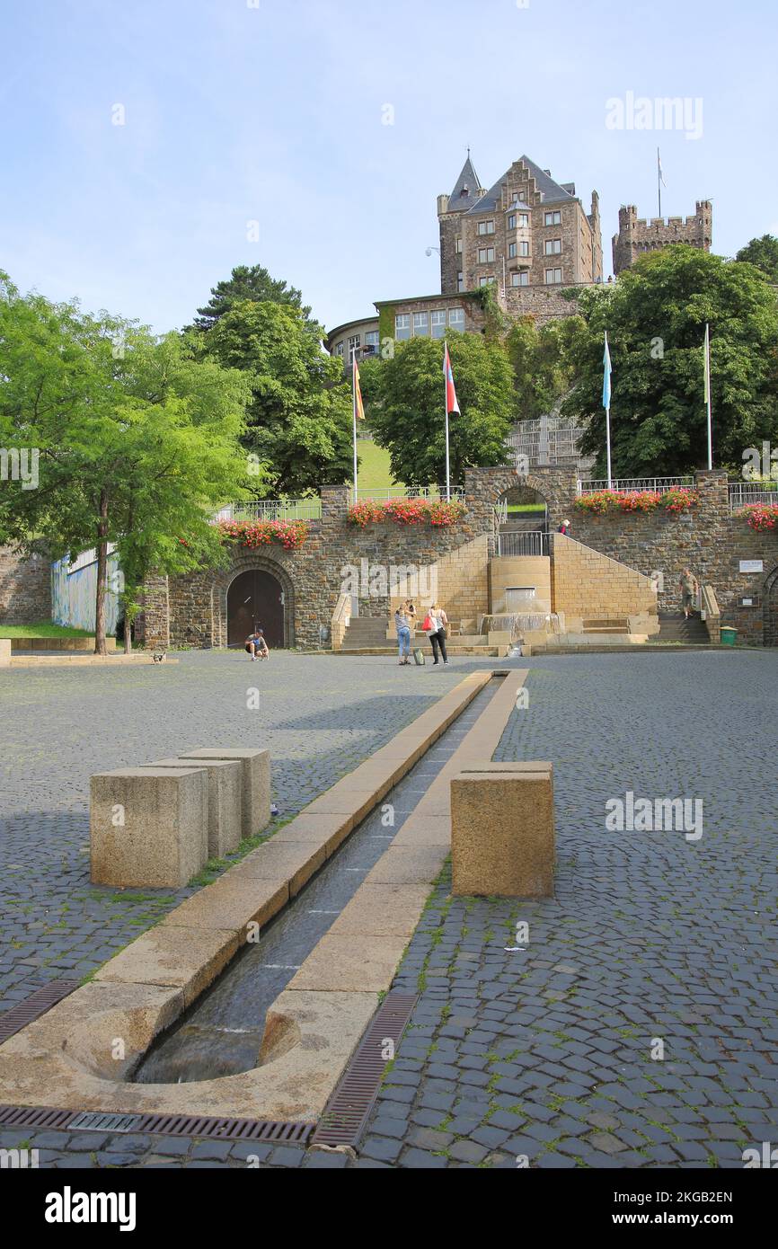 View of Klopp Castle from Mayor Franz Neff Square with fountain and ...