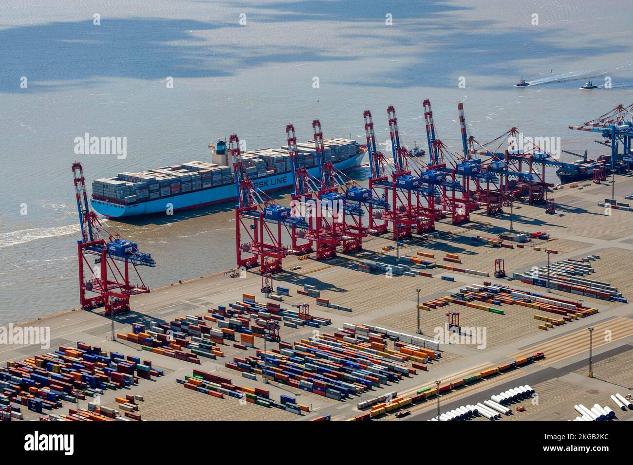 Aerial view of the Container Tertminal Bremerhaven with container ship ...