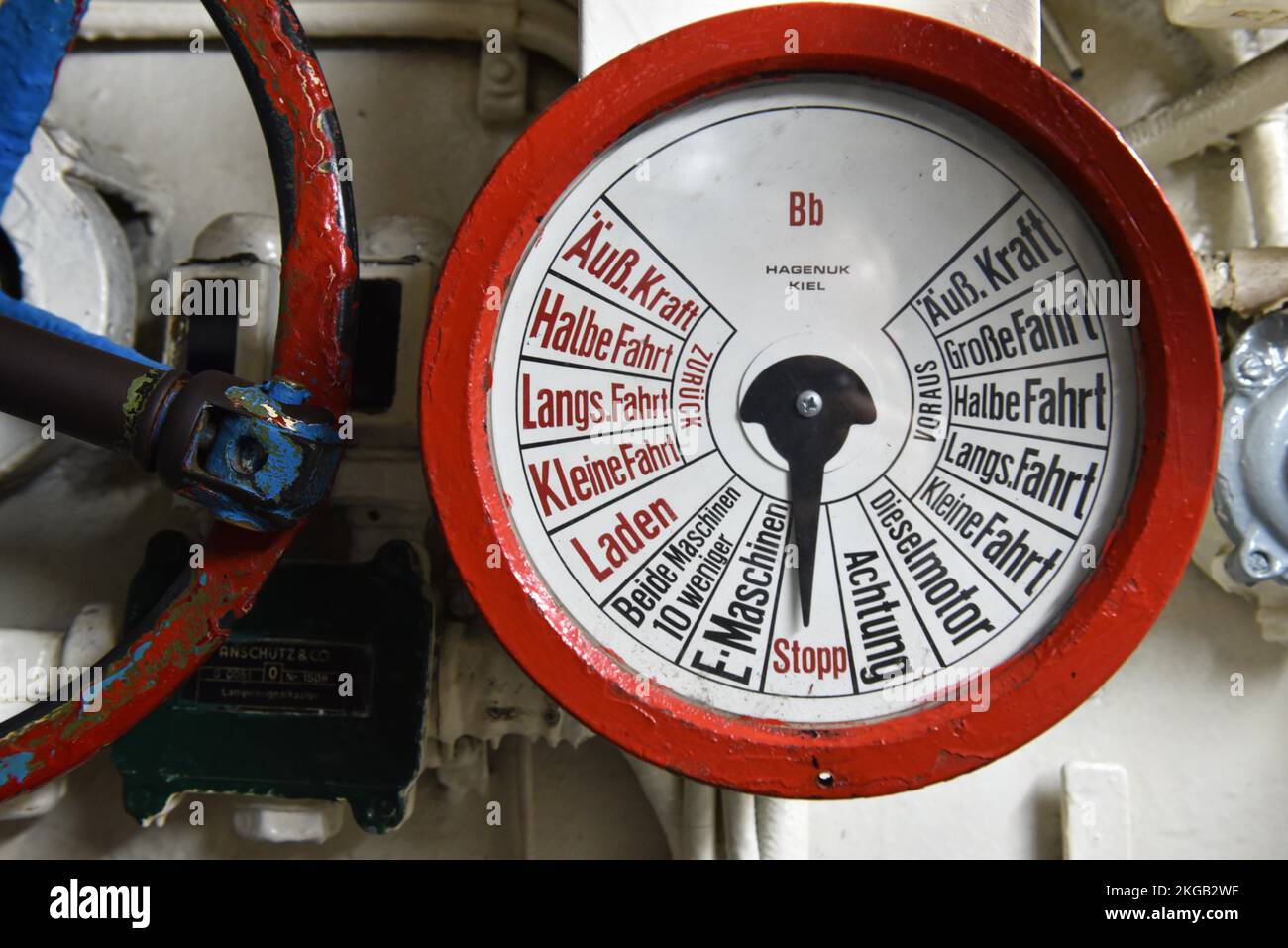 Machine telegraph in a submarine in Kiel, Schleswig-Holstein, Germany ...