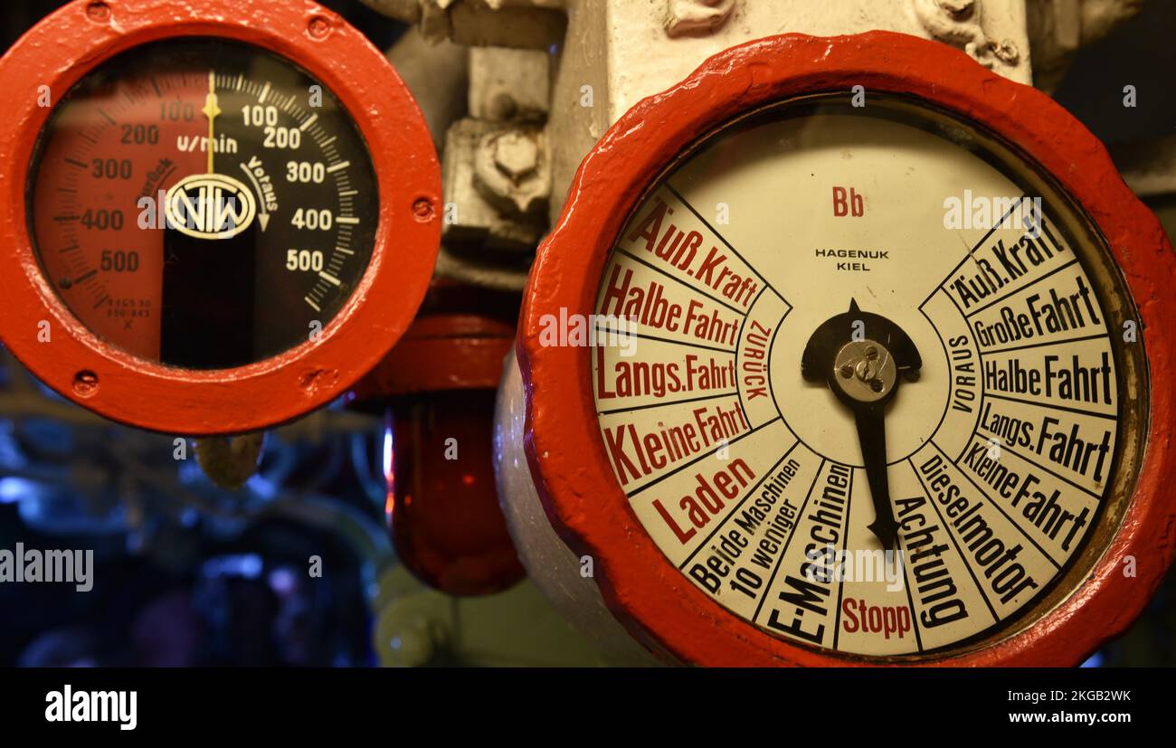 Machine telegraph in a submarine in Kiel, Schleswig-Holstein, Germany ...