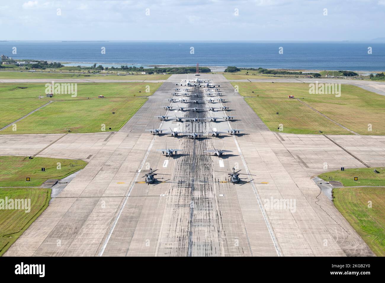 U.S. Air Force aircraft assigned to Kadena Air Base line up on the ...
