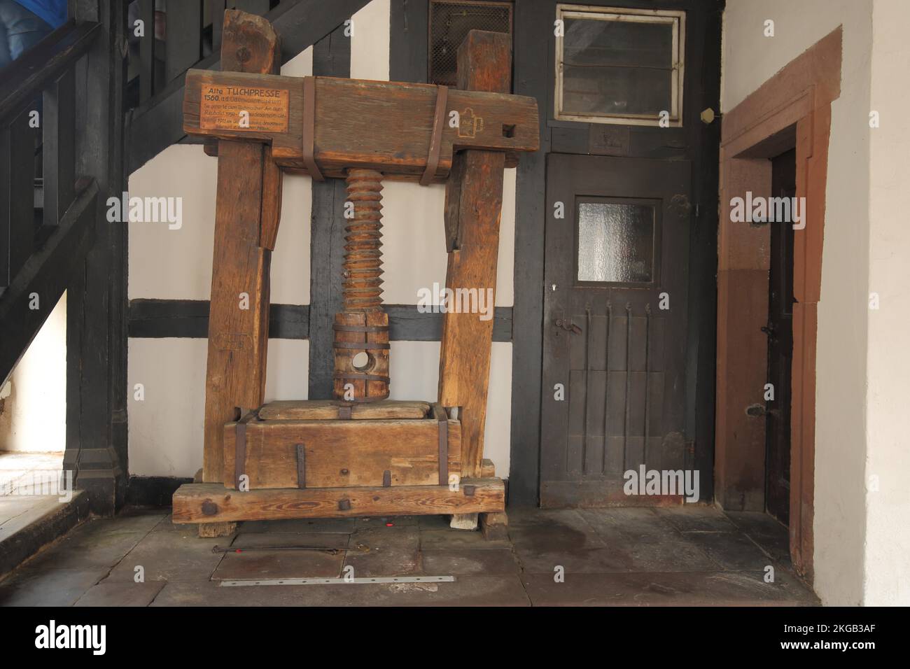 Historic cloth press at the town hall in Michelstadt, Hesse, Germany ...