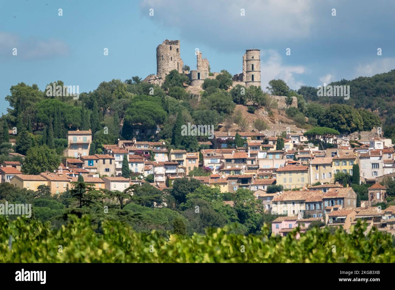 Grimaud a medieval village with a ruined castle and a bell tower at the ...