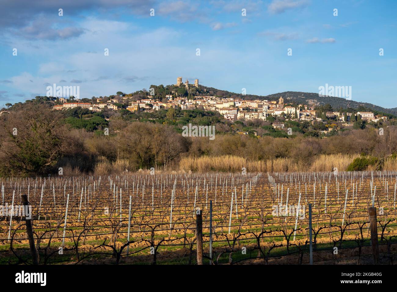 Grimaud a medieval village with a ruined castle and a bell tower at the ...