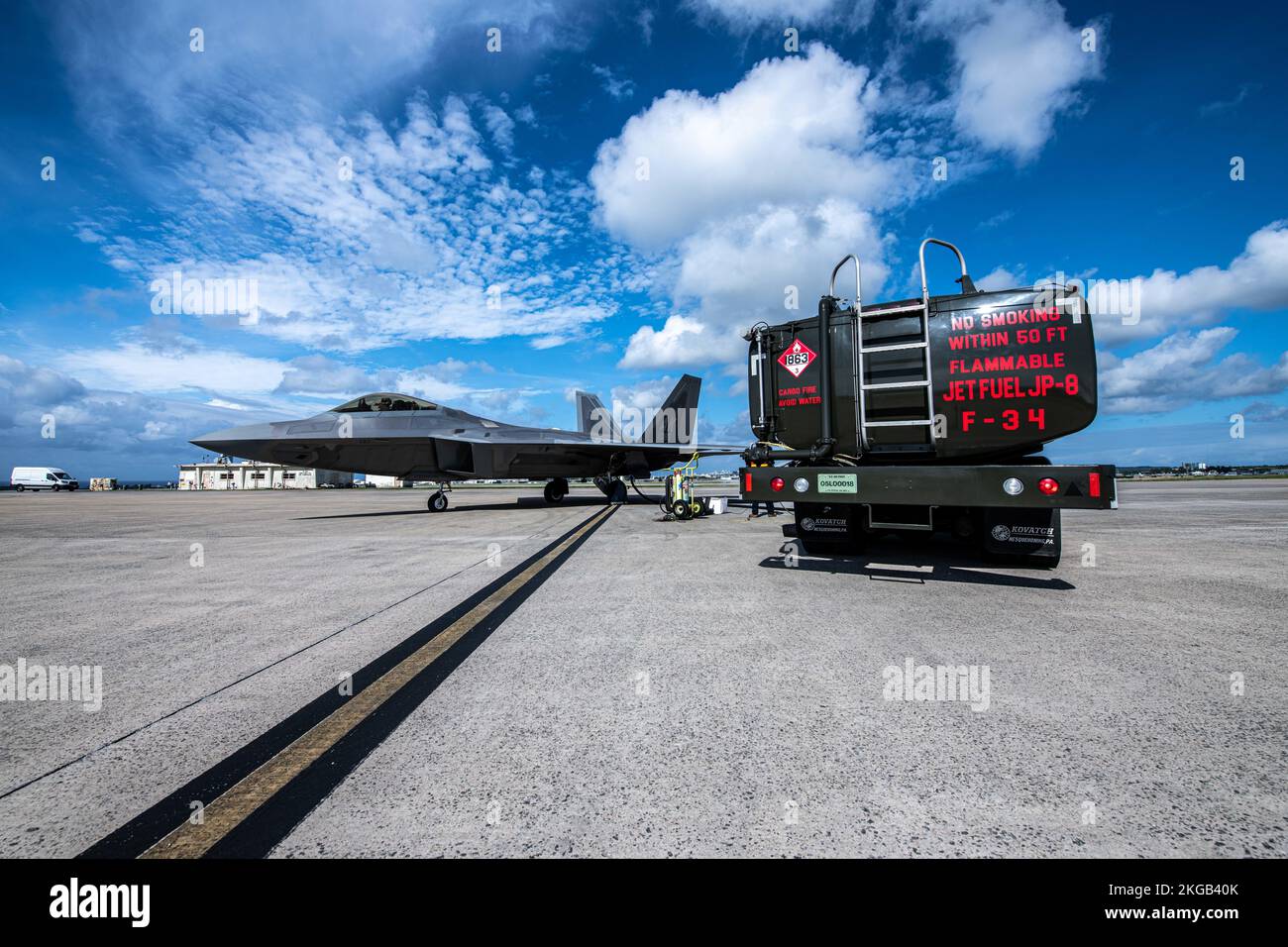 A U.S. Air Force F-22A Raptor assigned to the 3rd Wing is refueled by ...