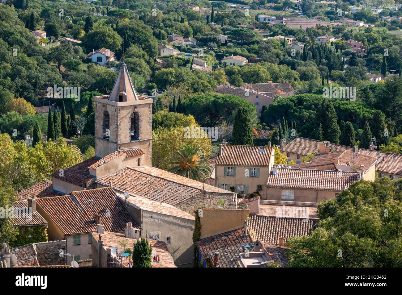 Grimaud a medieval village with a ruined castle and a bell tower at the ...