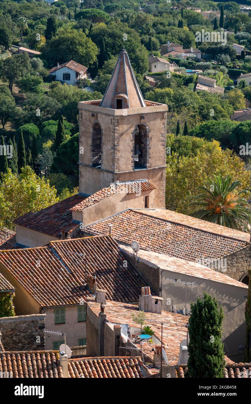 Grimaud a medieval village with a ruined castle and a bell tower at the ...