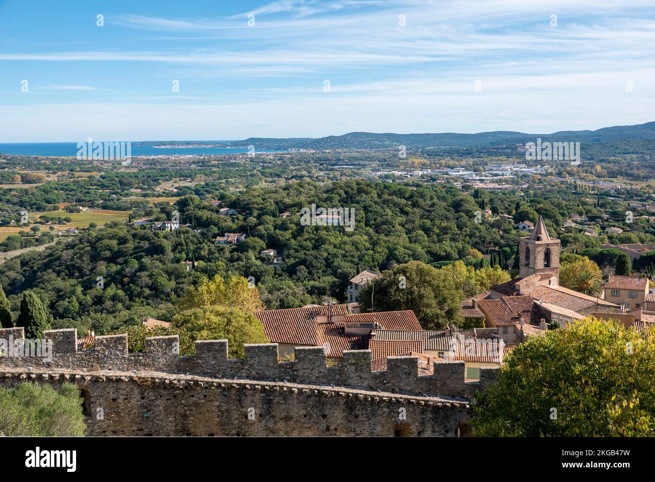Grimaud a medieval village with a ruined castle and a bell tower at the ...