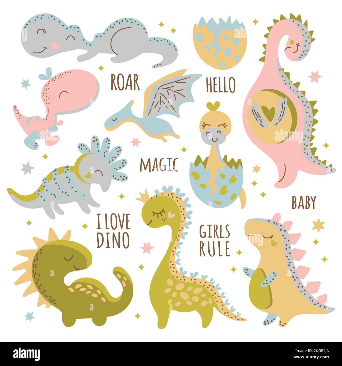 DINO CHARACTERS Birthday Flat Design Hand Drawn Cartoon Cute Animal ...