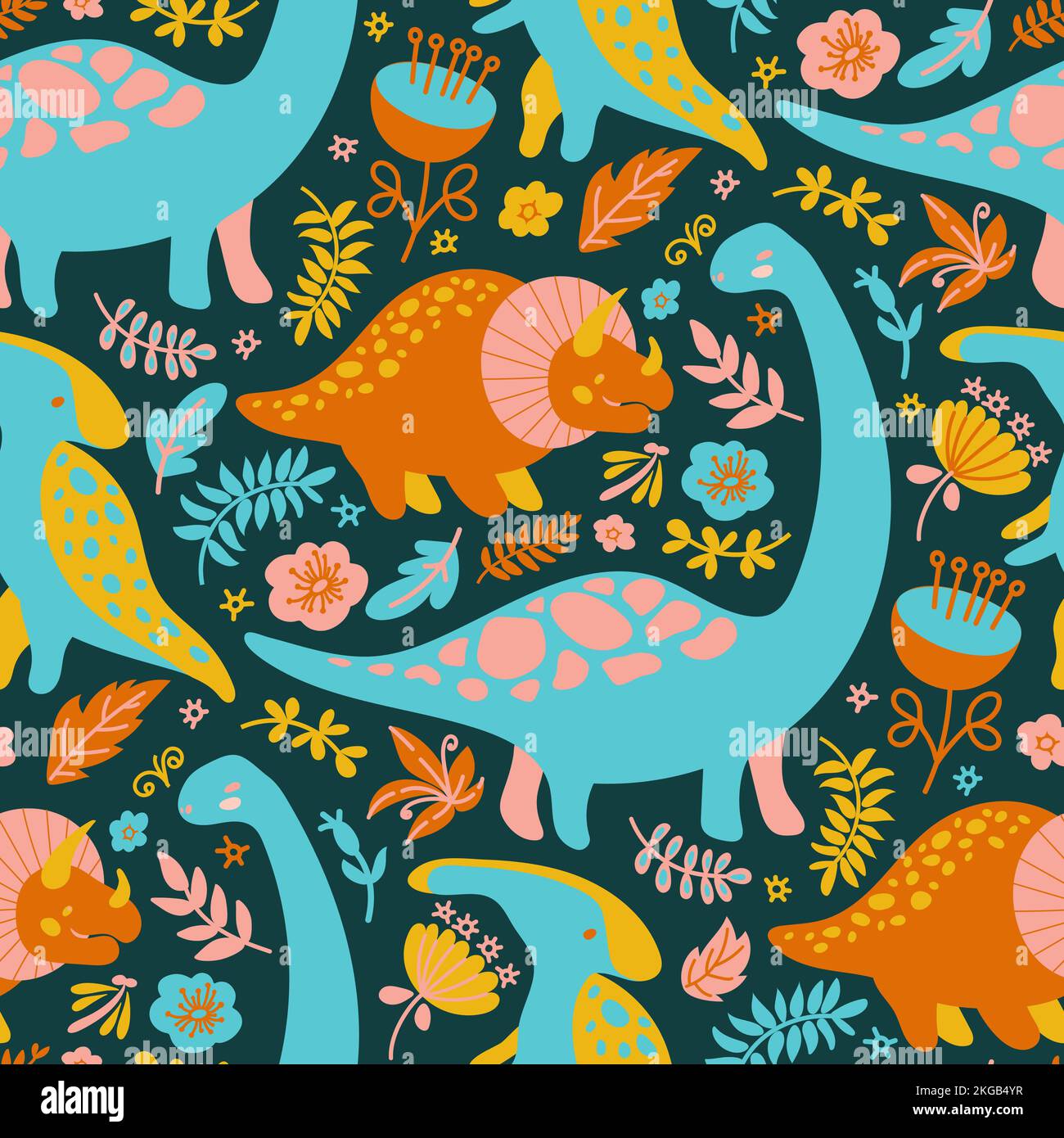 DINO PRINT Grunge Prehistoric Cartoon Animals Seamless Pattern Hand ...