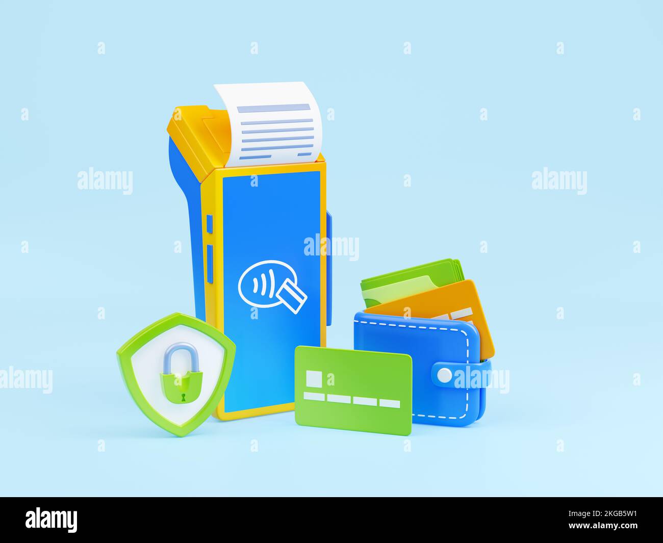3d render safe payment via pos terminal, concept with nfc device, paper ...