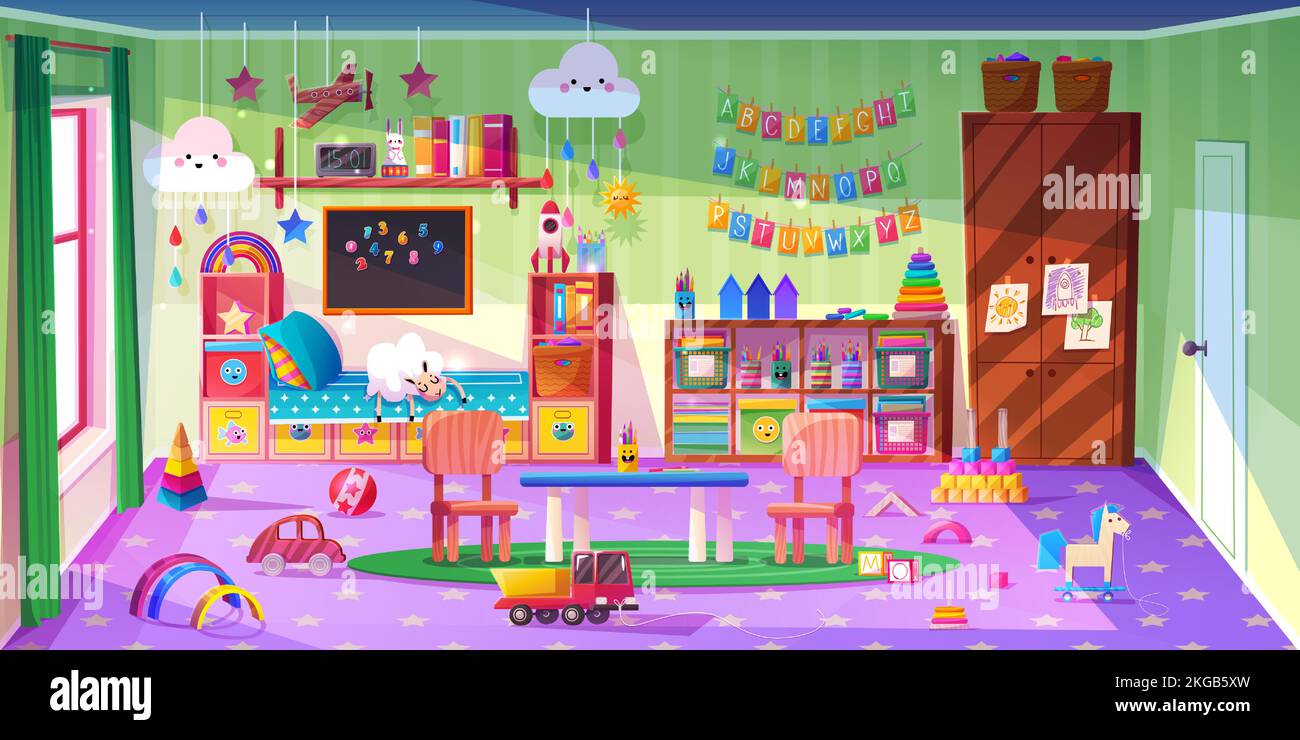 Kids bedroom, child room interior with bed, toys, wooden furniture ...