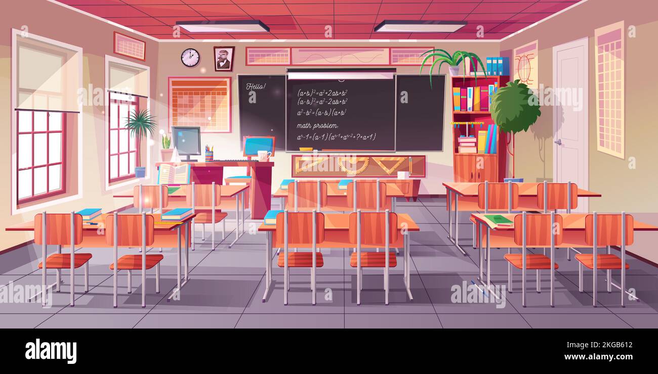 Classroom for math learning interior with teacher and students desks ...