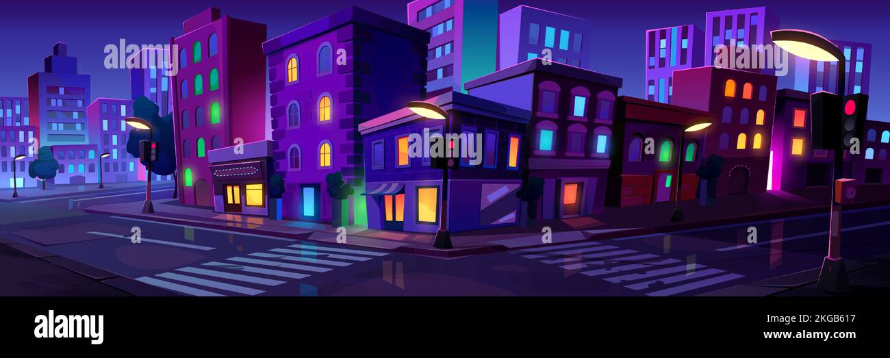 City crossroad at night time, empty transport intersection with zebra ...