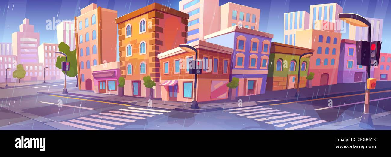 Rain at city crossroad, transport intersection with zebra, traffic ...