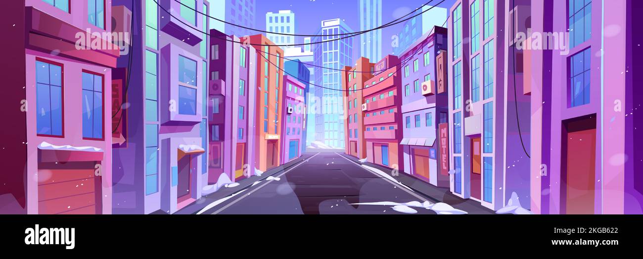 Winter city street with road at day time, empty urban skyline with snow ...