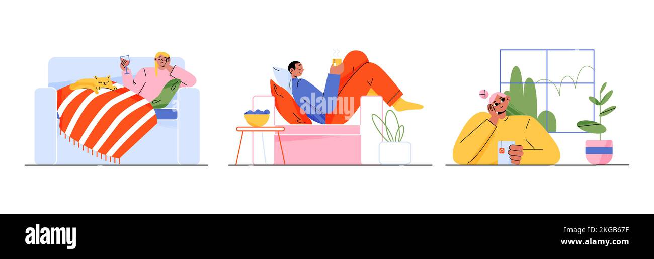 Relaxed people drinking tea and wine, having rest at home. Set of happy ...