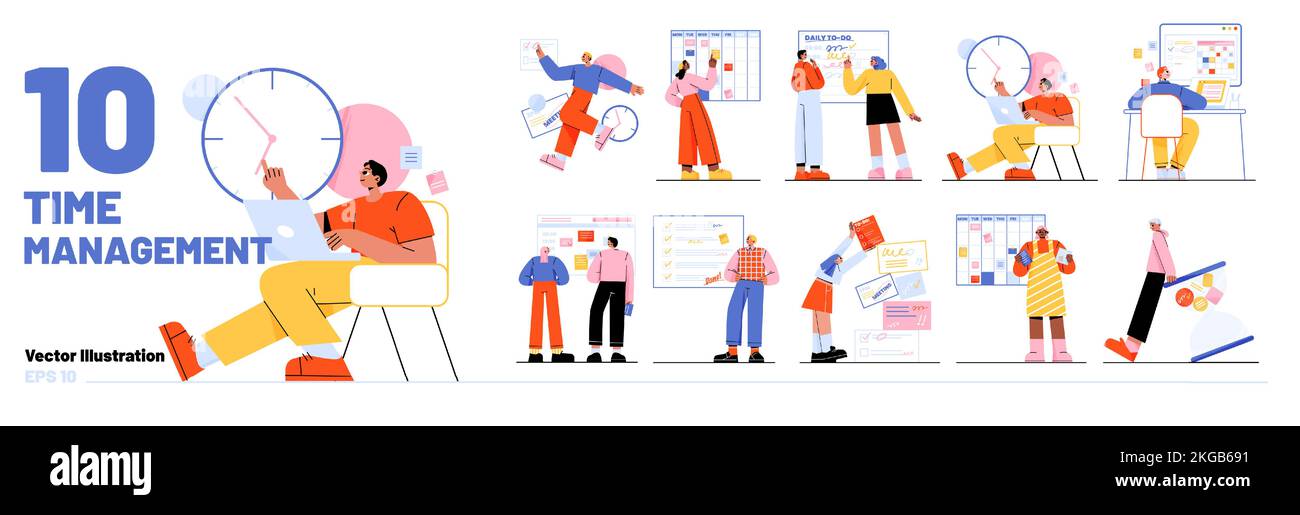 Set of time management scenes isolated on white background. Vector ...